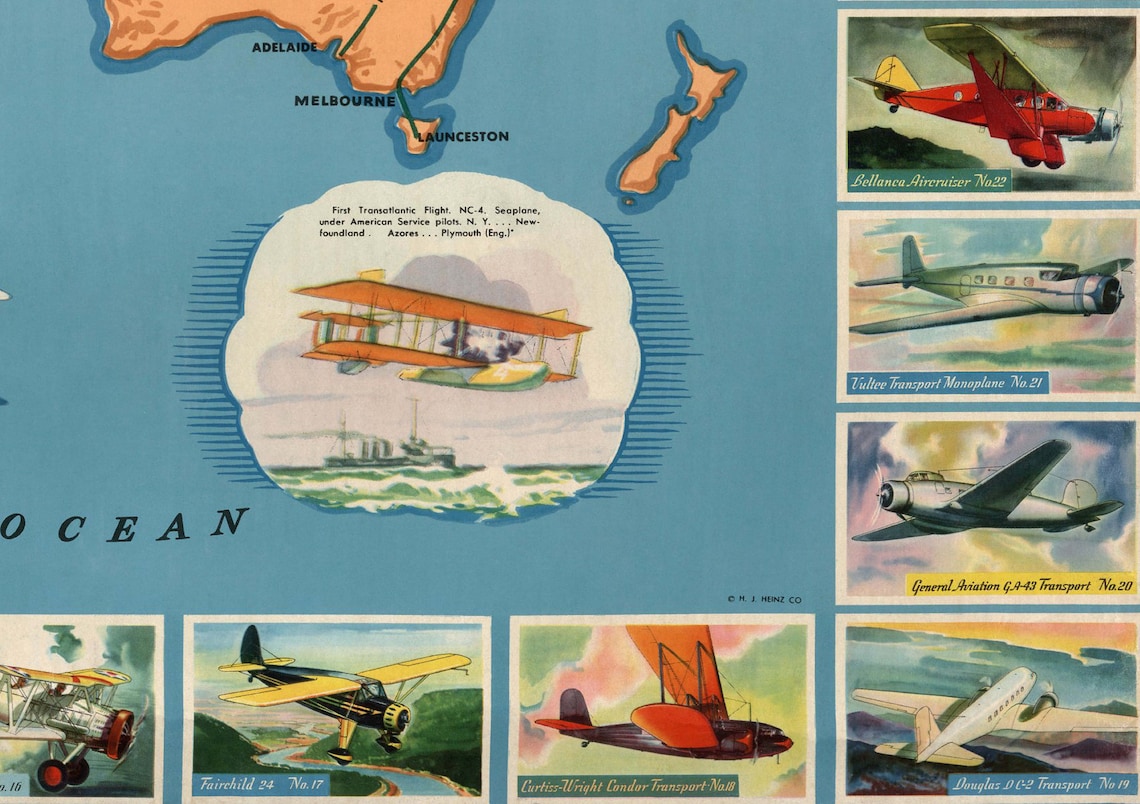 Vintage World Aviation Map "famous Flights and Air Routes of the World ...