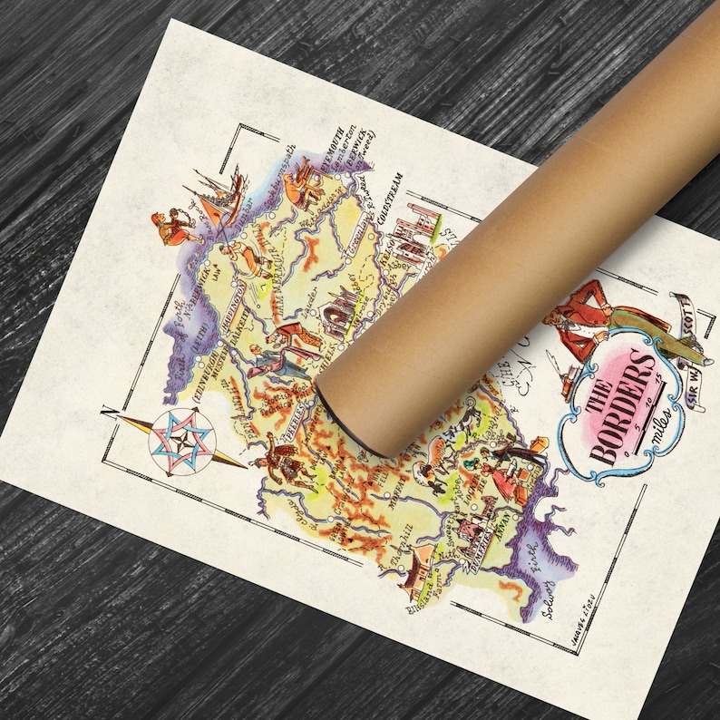 Pictorial Map of the Borders in Scotland - Haddington - Peebles ...