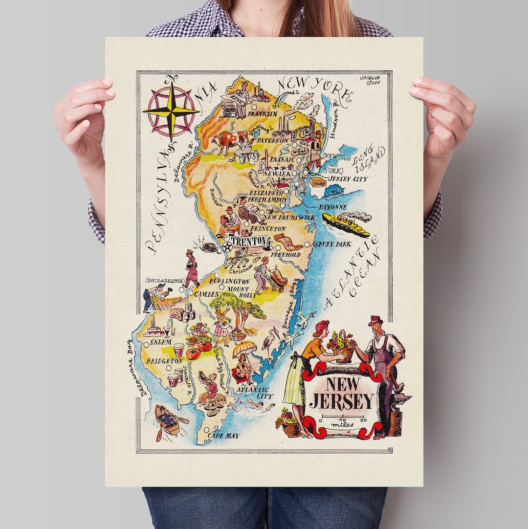 New Jersey Pictorial Map USA Whimsical Poster United States Art Trenton ...