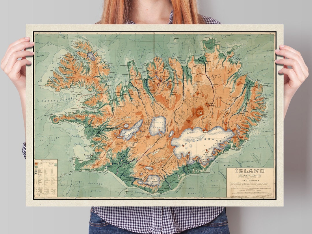 Old Map of Iceland - Topological Nordic Print - Reykjavik - Keflavik ...