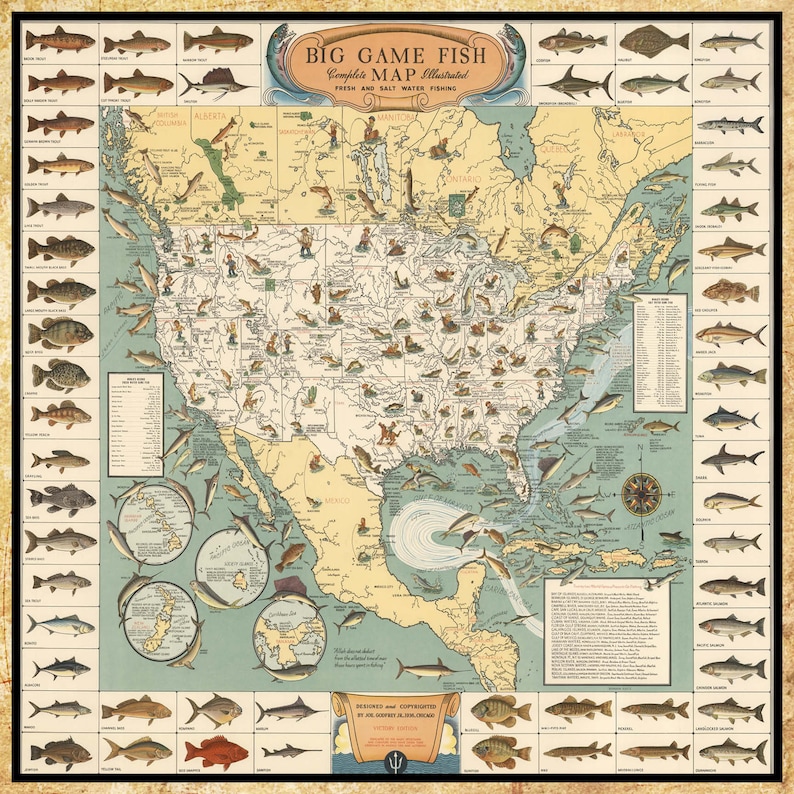 Big Game Fishing Illustrated Map - USA, Canada, Mexico - Etsy