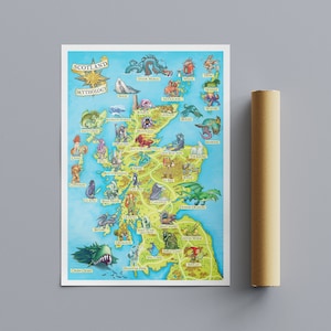 Illustrated Map of Scottish Mythology - Featuring Mythical Beasts and ...