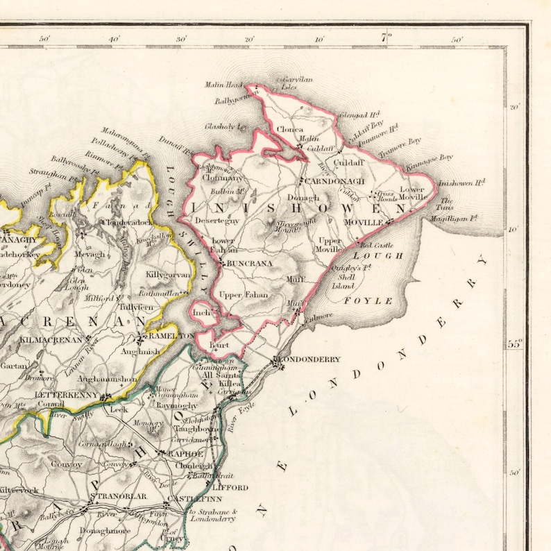 Donegal Map, Old Vintage Irish Print, Donegal County - Banagh - Tirhugh ...