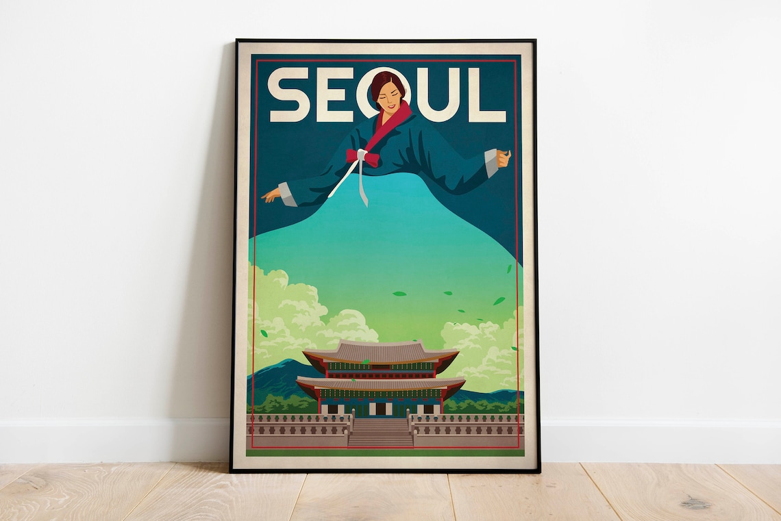 Seoul Travel Poster Vintage looking South Korea illustration | Etsy