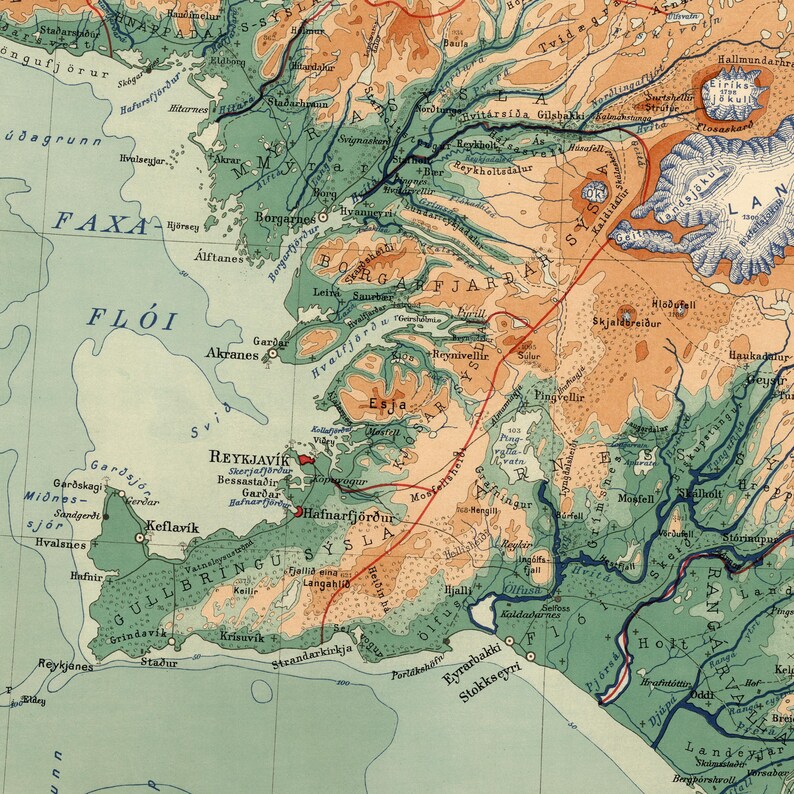 Old Map of Iceland - Topological Nordic Print - Reykjavik - Keflavik ...