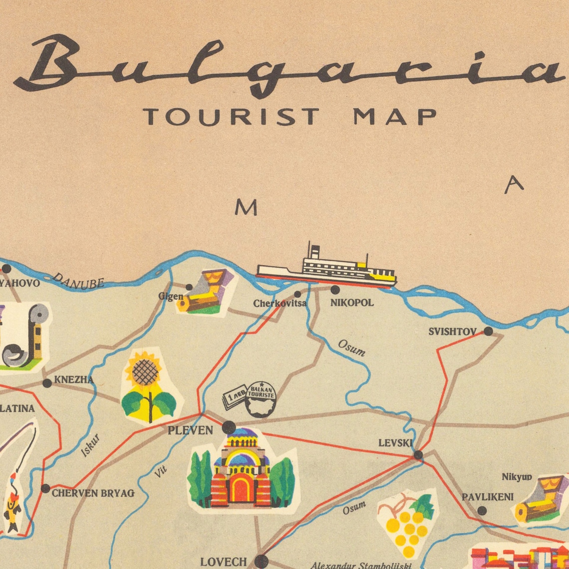 Bulgaria Tourist Map - Old Print of Bulgaria - Berkovista - Rousse ...