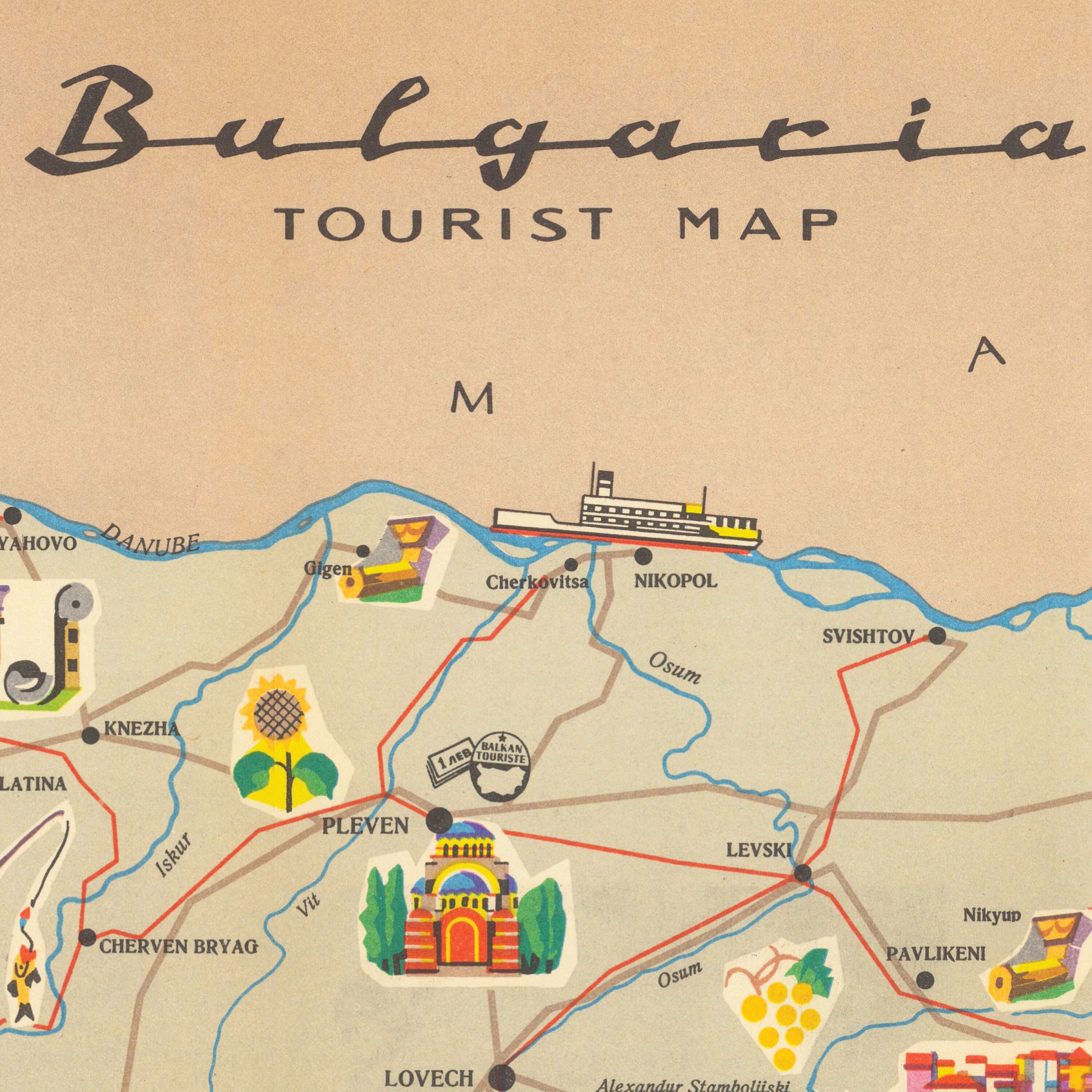 Bulgaria Tourist Map - Old Print of Bulgaria - Berkovista - Rousse ...