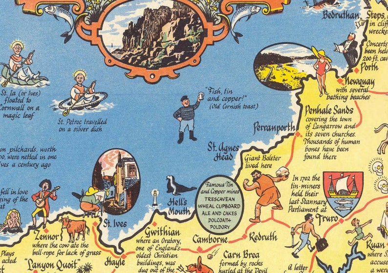 Cornwall, Stronghold of the Early Britons, Pictorial Map | Vintage ...