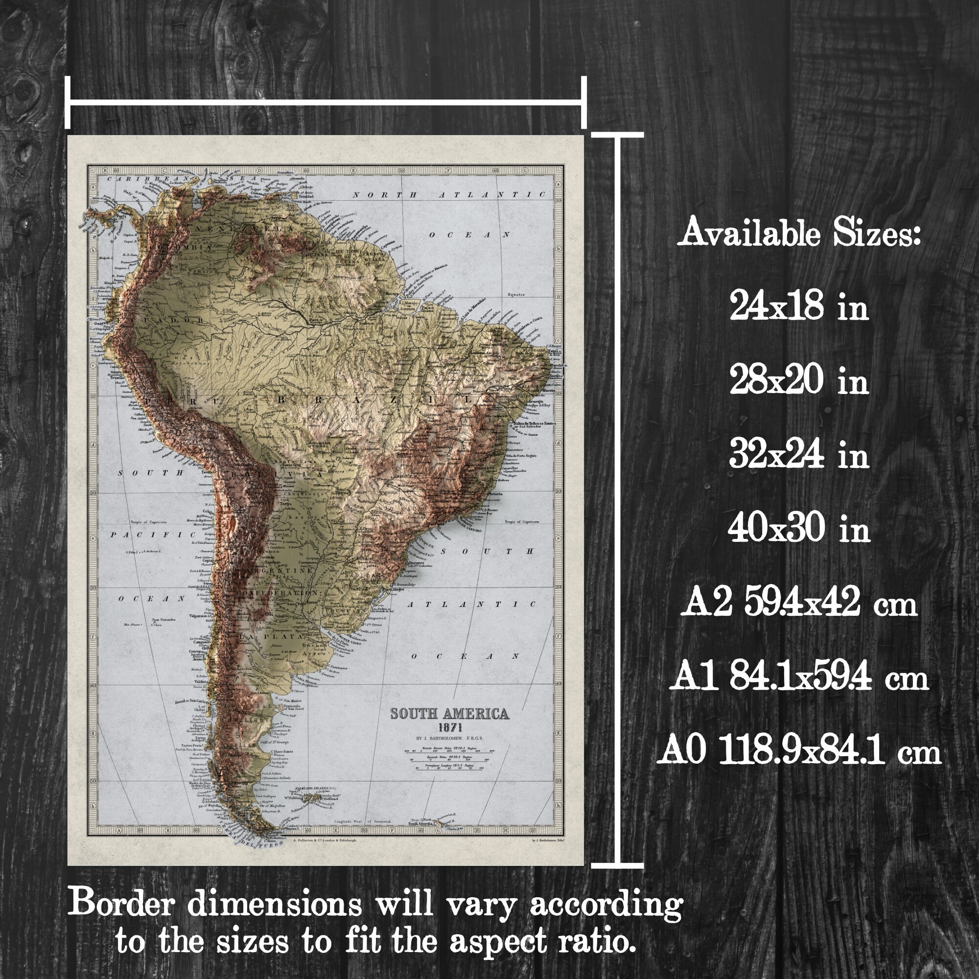 South America Map - Elevation Map - 2D Giclée Vintage Poster - Brazil ...
