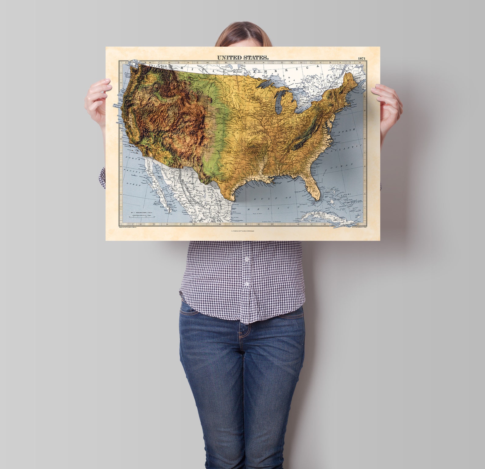 USA Terrain Relief Map 2D Giclée Print 3D Effect Shaded - Etsy