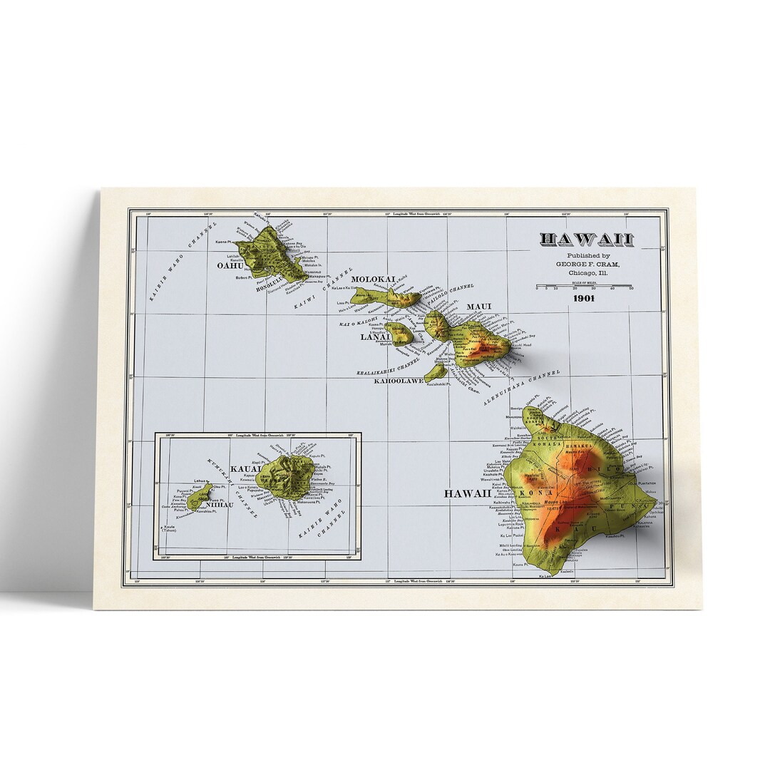 Hawaii Map USA 1901 Retro Print 2d Shaded Map Kauai Maui Molokai Oahu ...