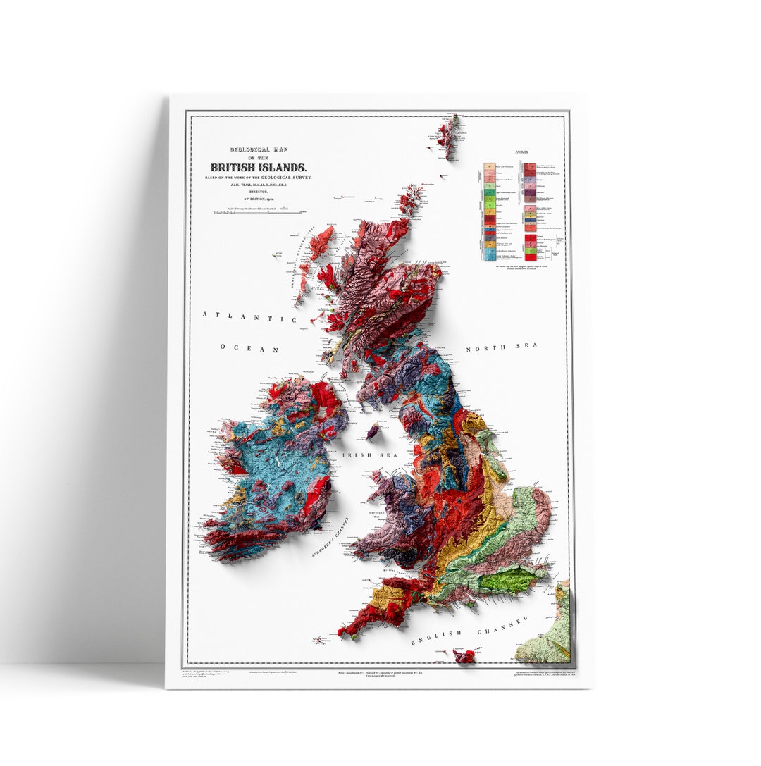 British Islands Geological Map - 3D Effect Relief Print (2D Map With 3D ...