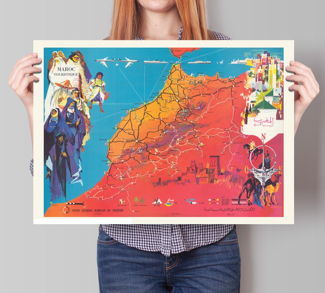 Morocco Map - Old Print of Maroc Touristique - Mattakech - Agadir ...