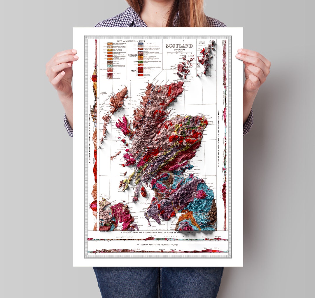 Scotland Map - Geological Print - Vintage - 1912 - Geology - 3D Shaded ...