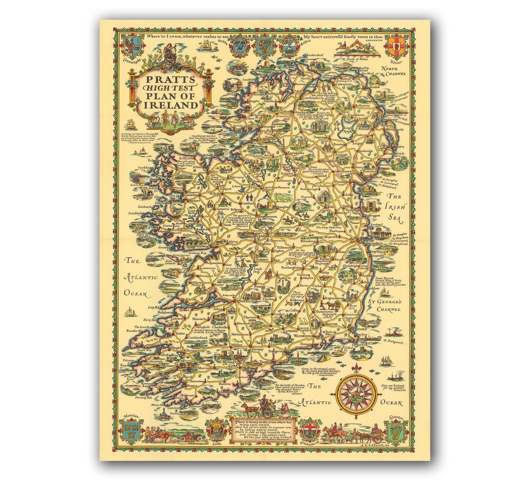 Old Map of Ireland, Vintage Pictorial Irish Map, Pratts High Test Plan ...