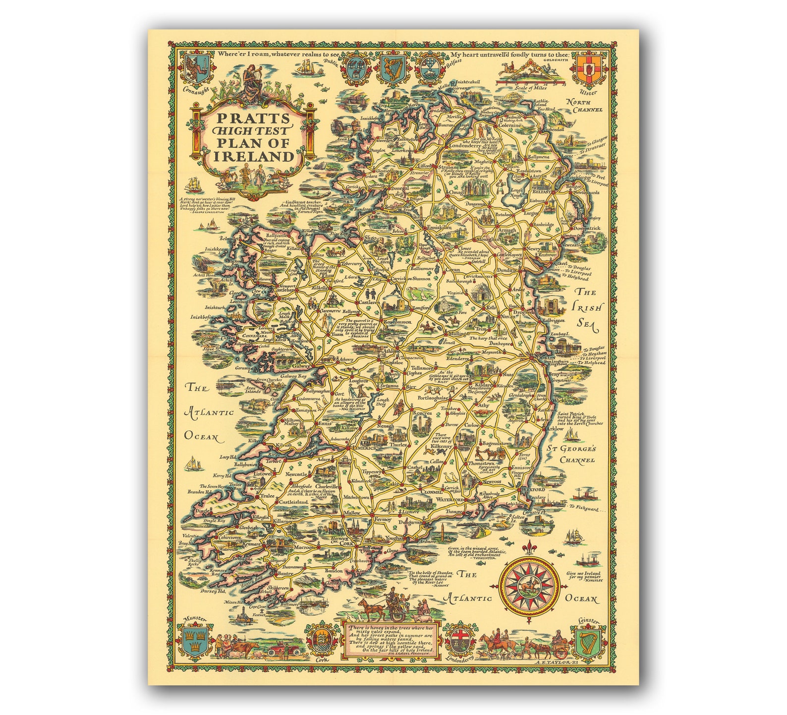 Old Map of Ireland, Vintage Pictorial Irish Map, Pratts High Test Plan ...