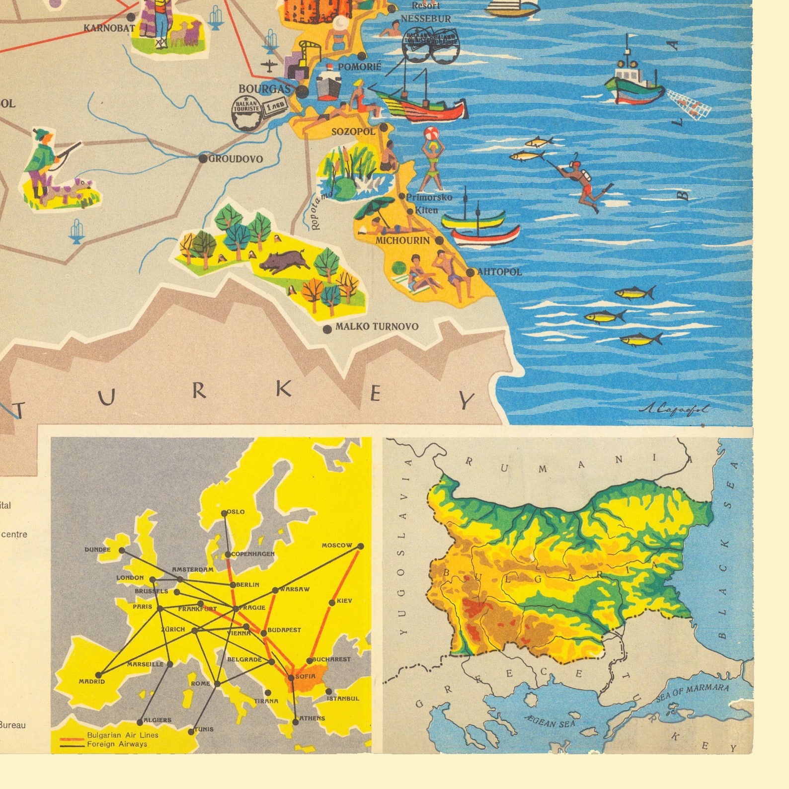 Bulgaria Tourist Map - Old Print of Bulgaria - Berkovista - Rousse ...