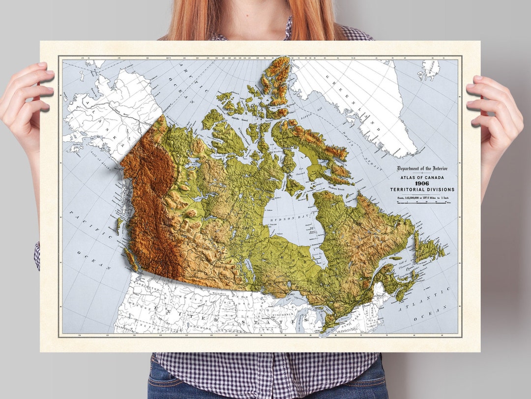 Canada Map - 2D Shaded Relief Map With 3D Effect - Bartholomew Print - Etsy