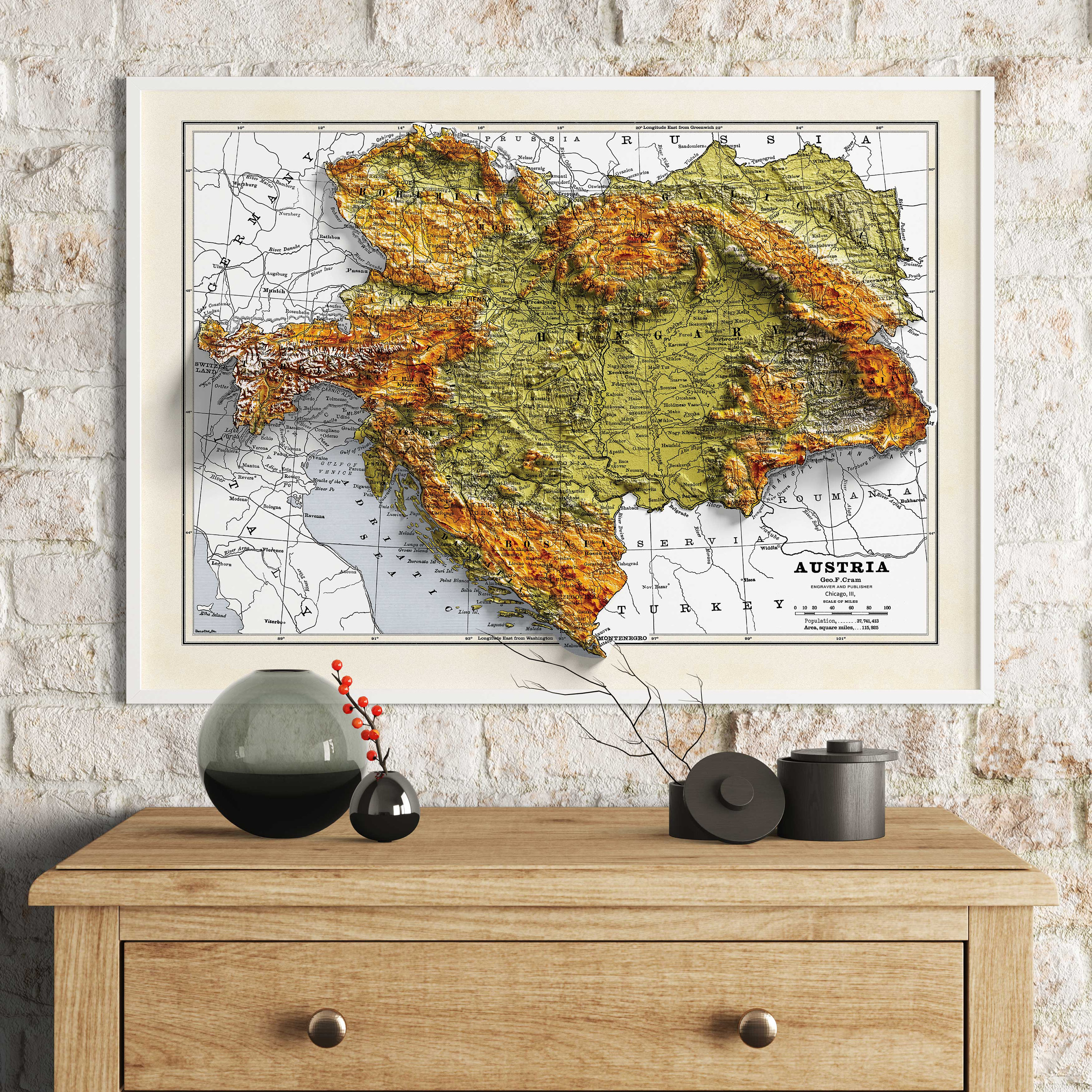 Austria Map - 2D Shaded Relief Map With 3D Effect - Bartholomew Print ...