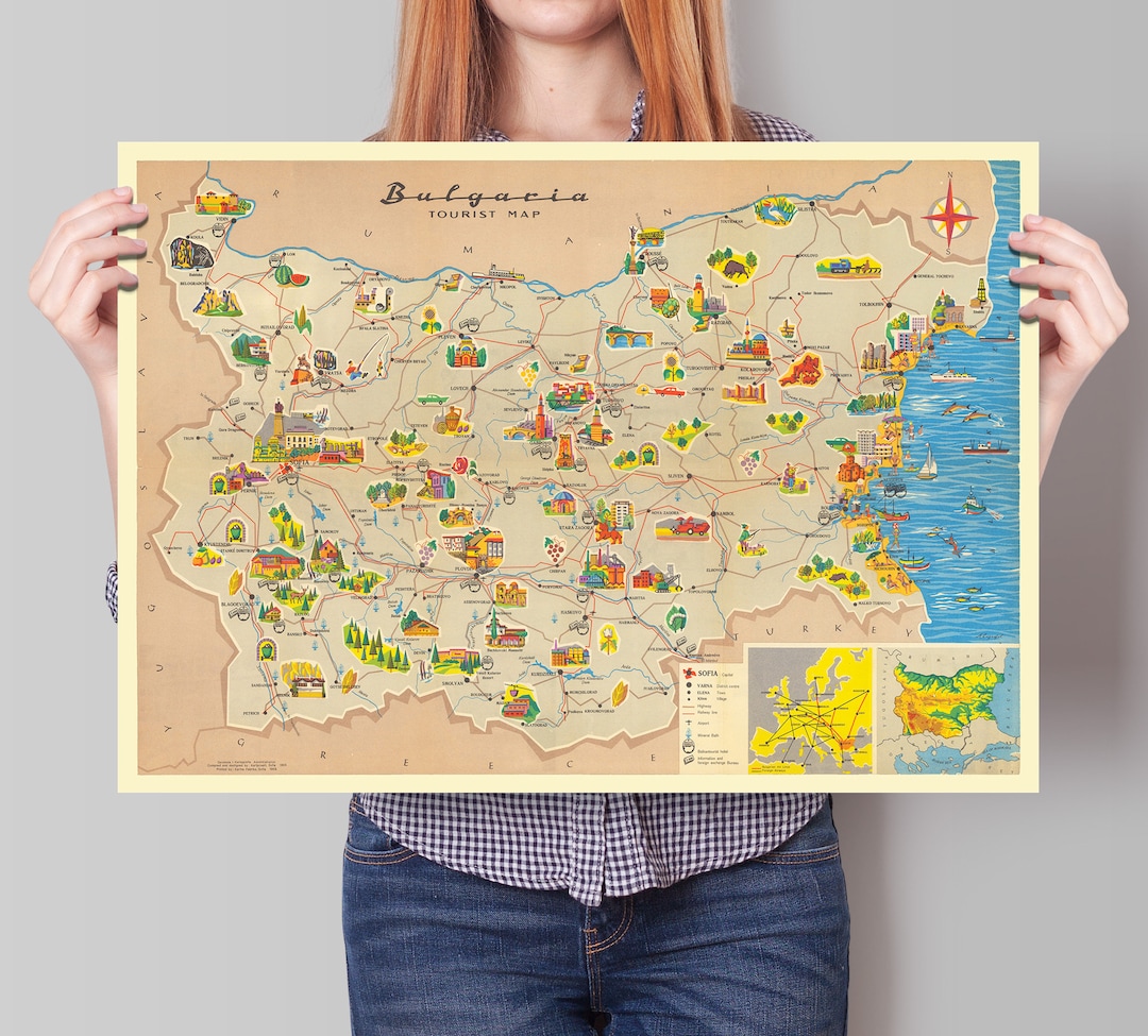 Bulgaria Tourist Map - Old Print of Bulgaria - Berkovista - Rousse ...