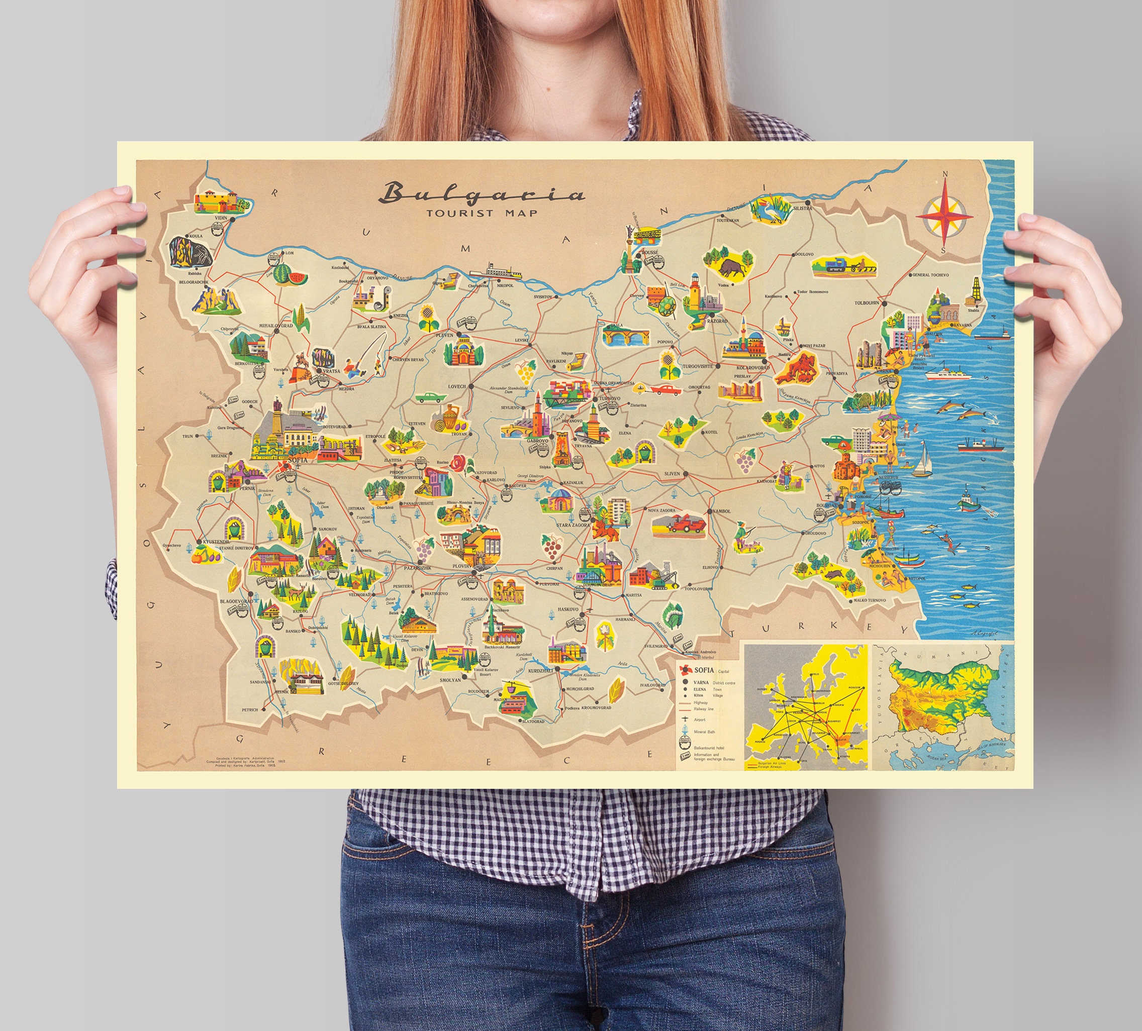 Bulgaria Tourist Map - Old Print of Bulgaria - Berkovista - Rousse ...