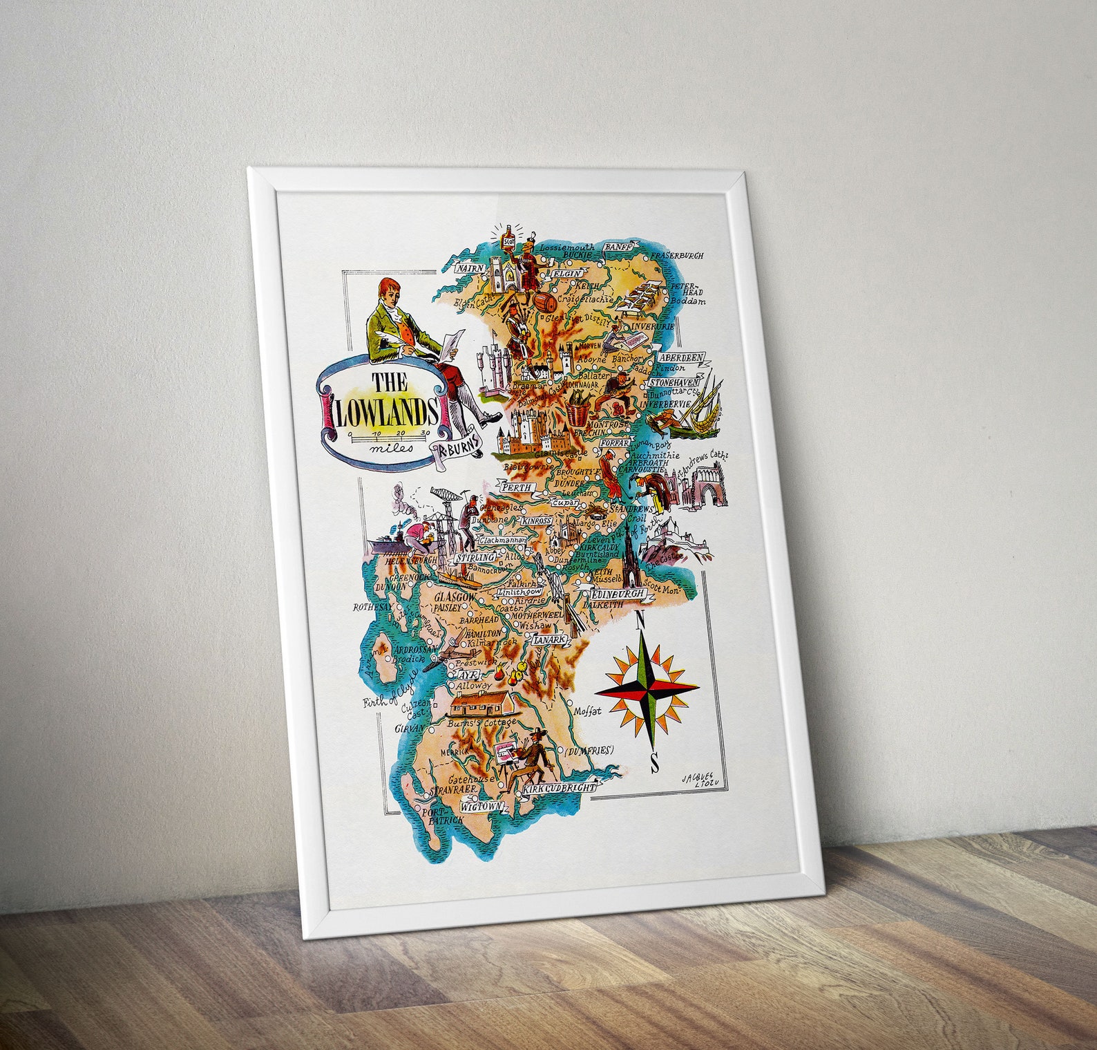 Pictorial Map of the Lowlands in Scotland - Edinburgh - Lanark - Ayr ...