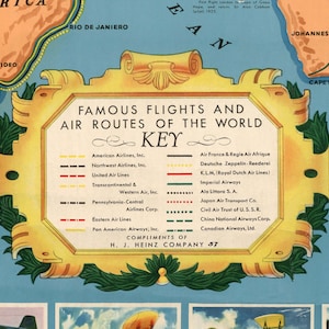 Vintage World Aviation Map "famous Flights and Air Routes of the World ...