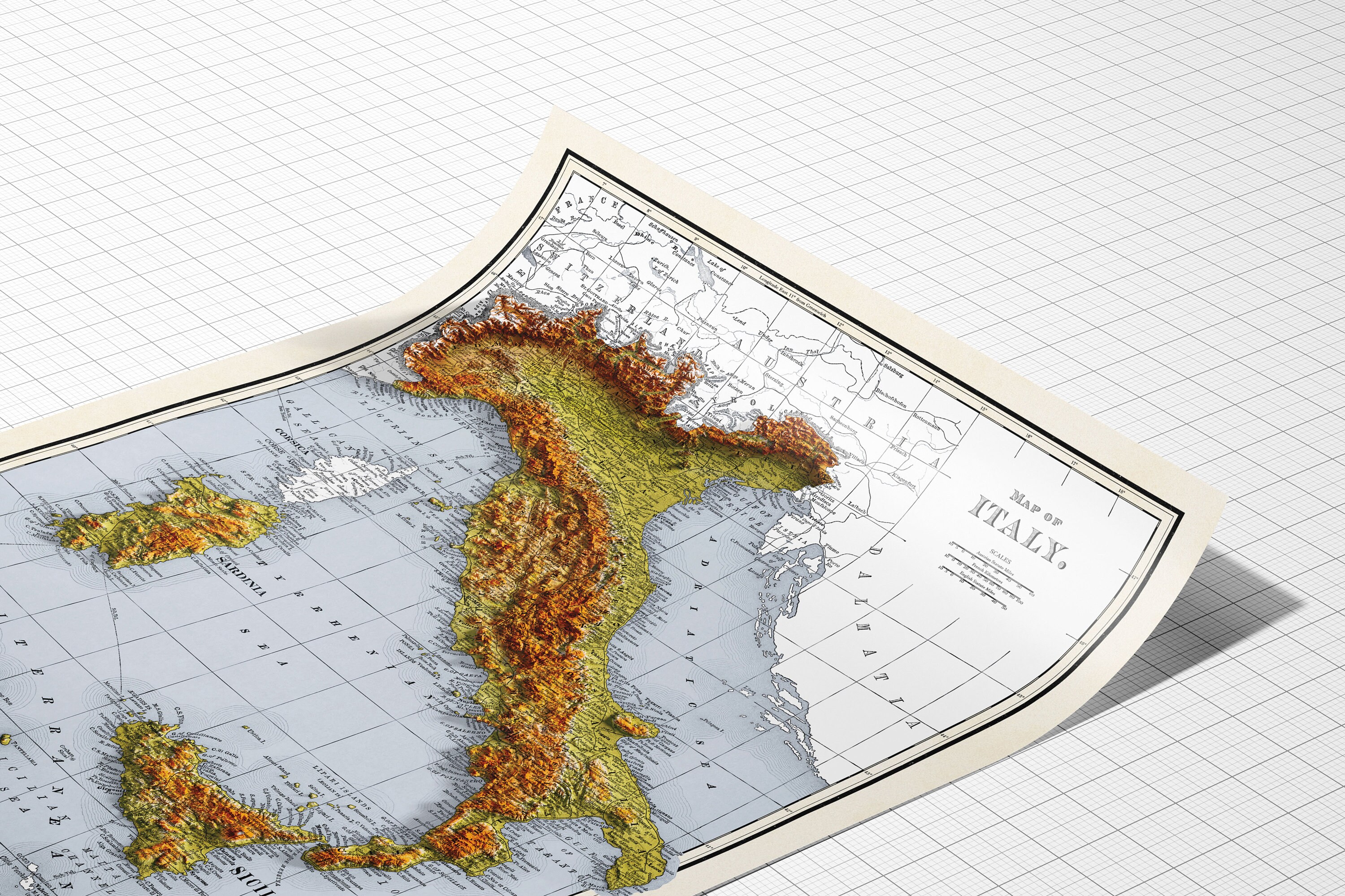 Italy Map - 1894 Vintage Italy Shaded Relief Map - 3D Illusion ...