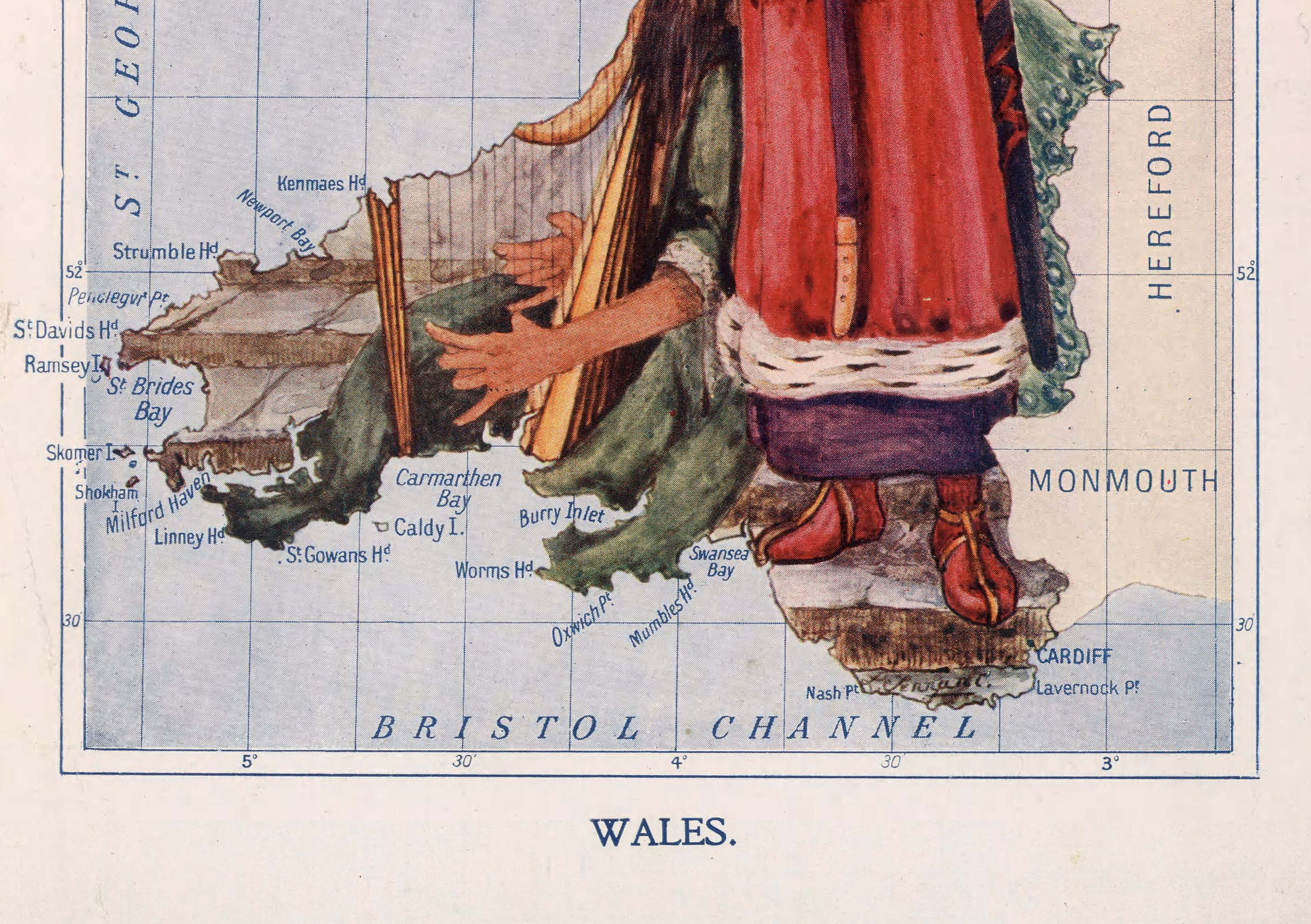 Wales Caricature Map | Old Antique Map of Wales | Wales. King Edward ...