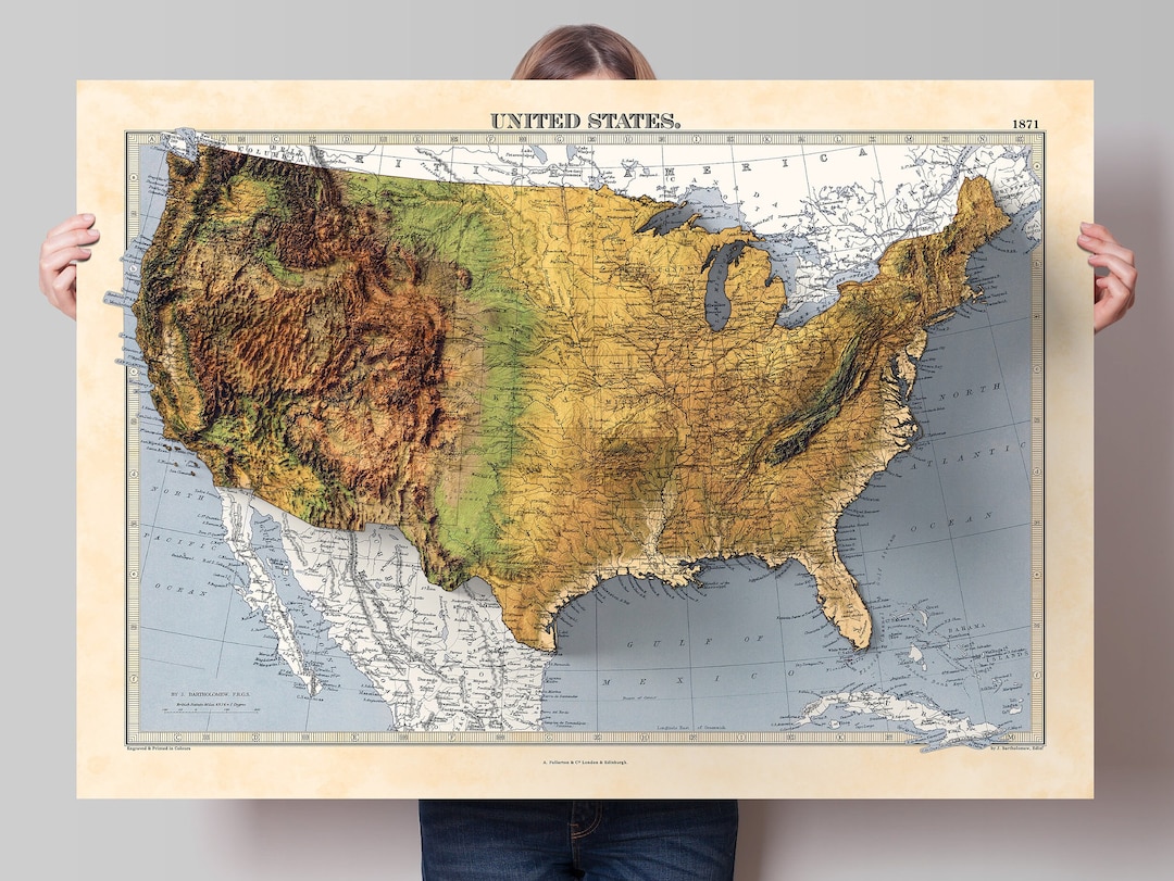 USA Terrain Relief Map - 2D Giclée Print - 3D Effect Shaded Relief ...