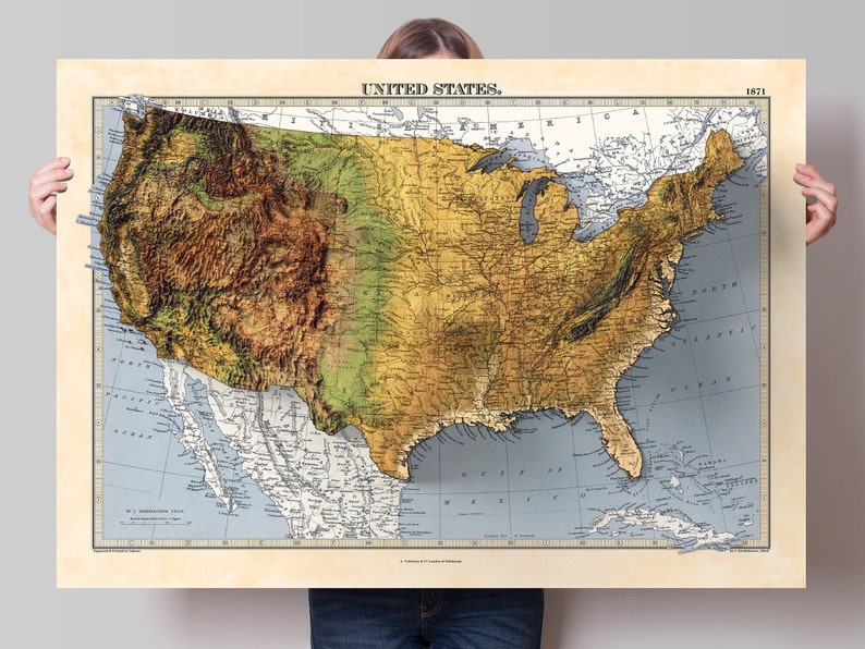 USA Terrain Relief Map 2D Giclée Print 3D Effect Shaded - Etsy