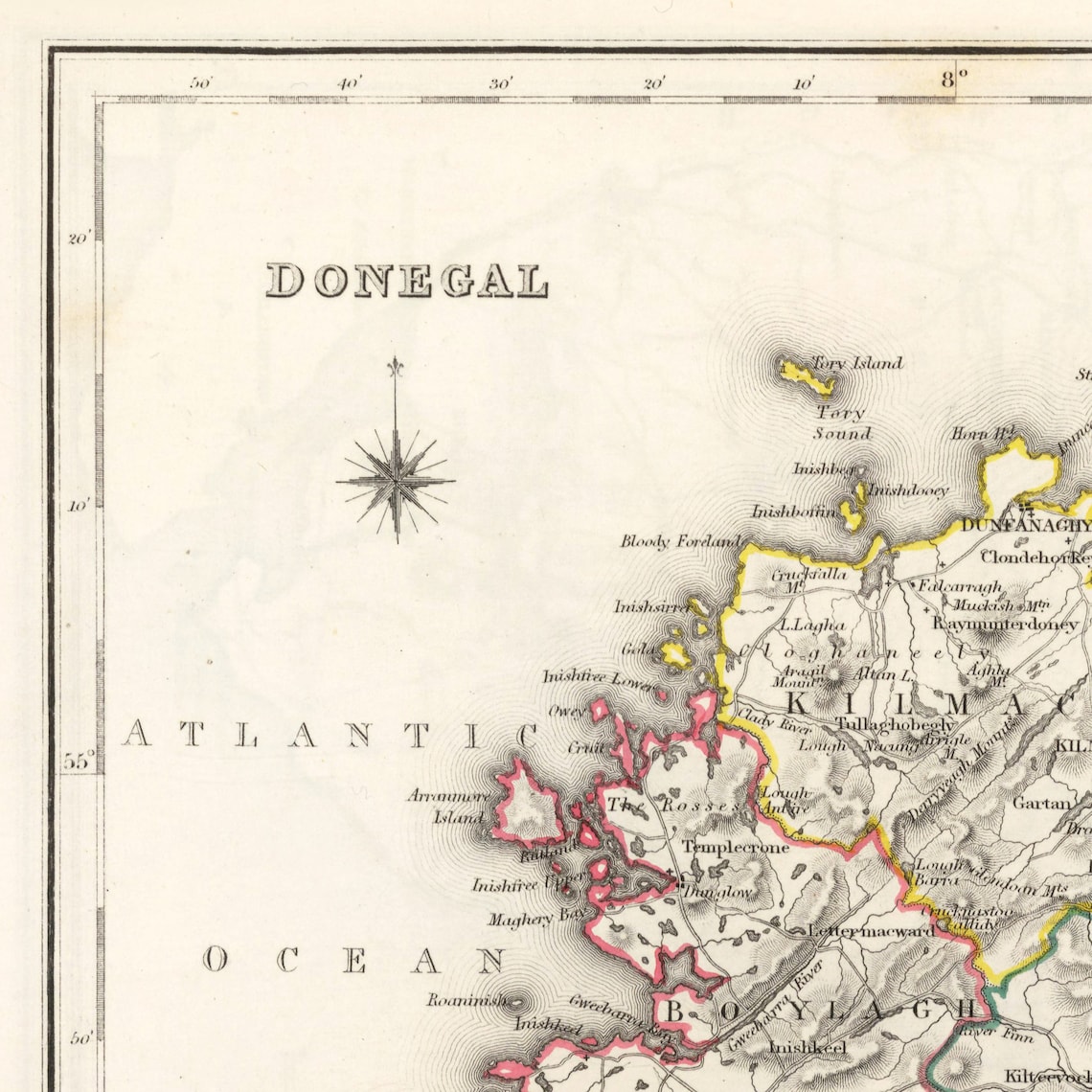 Donegal Map, Old Vintage Irish Print, Donegal County - Banagh - Tirhugh ...