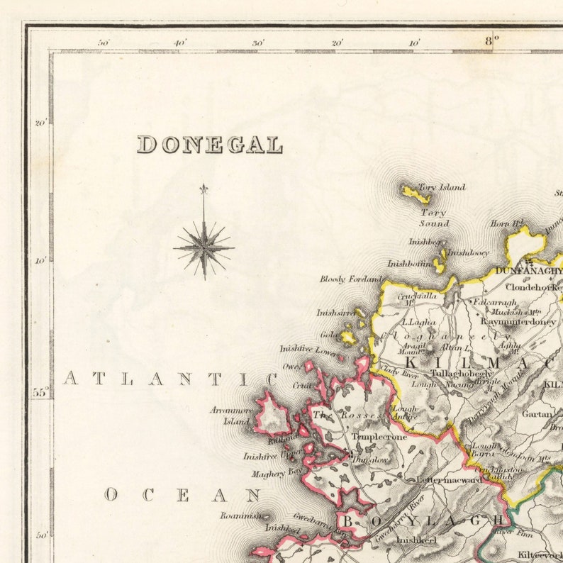 Donegal Map, Old Vintage Irish Print, Donegal County - Banagh - Tirhugh ...
