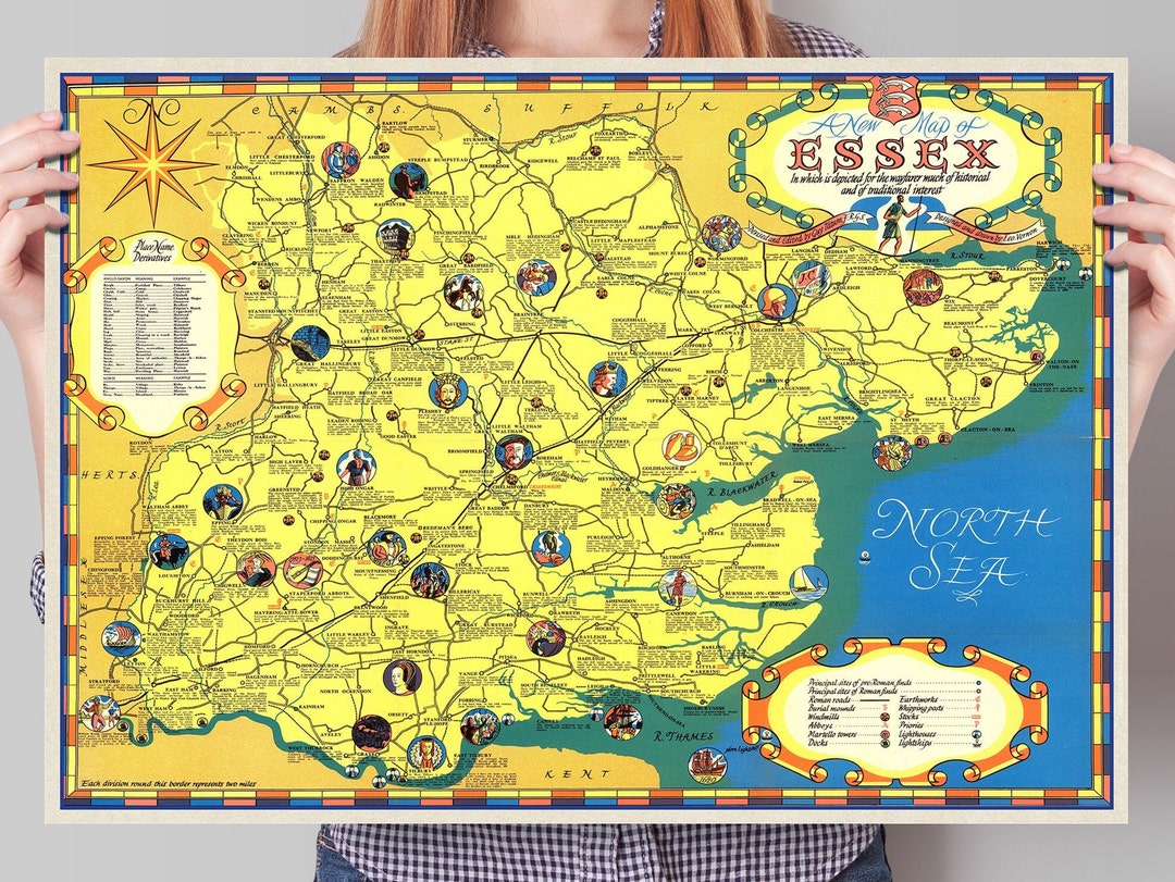 Essex Map | Vintage Historic Pictorial Print | Old English Town Poster ...