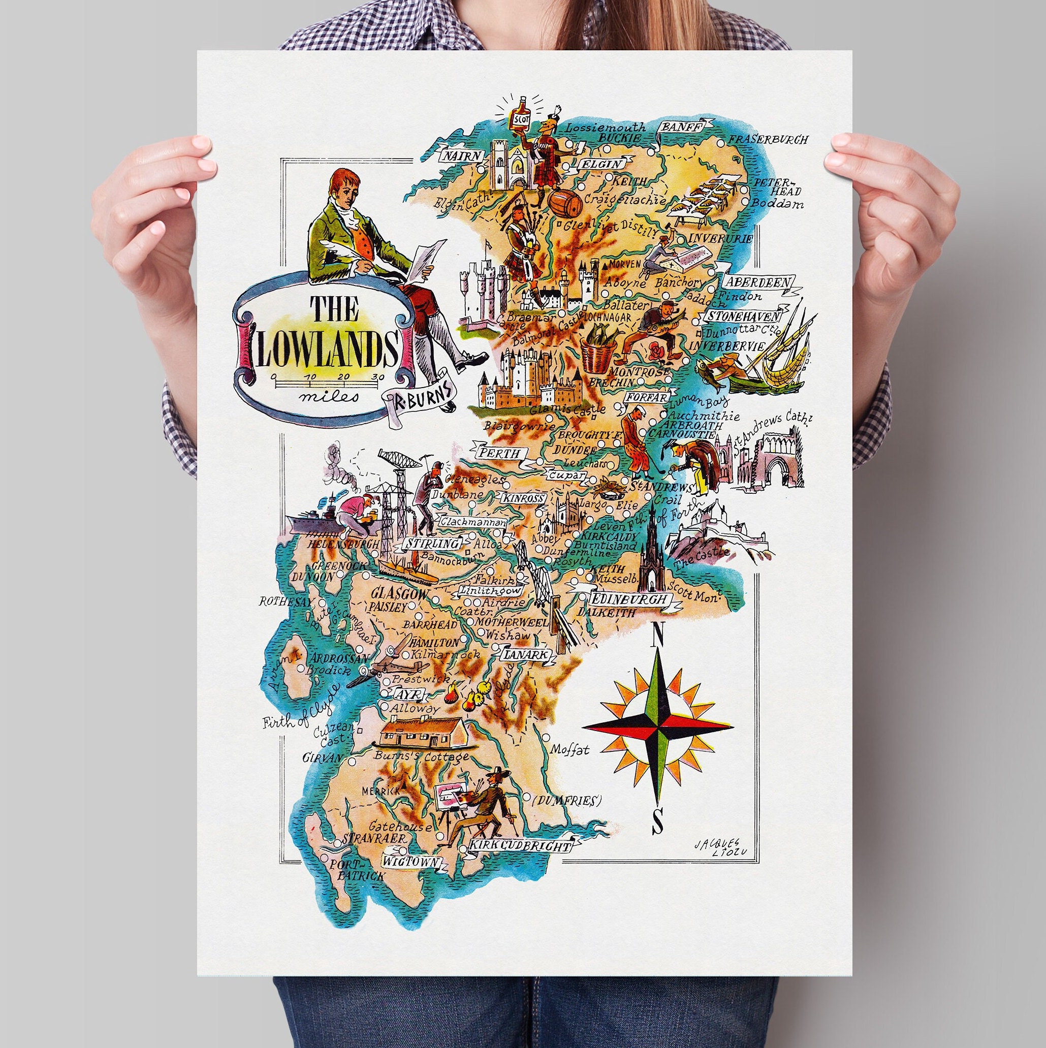 Pictorial Map of the Lowlands in Scotland Edinburgh Lanark - Etsy