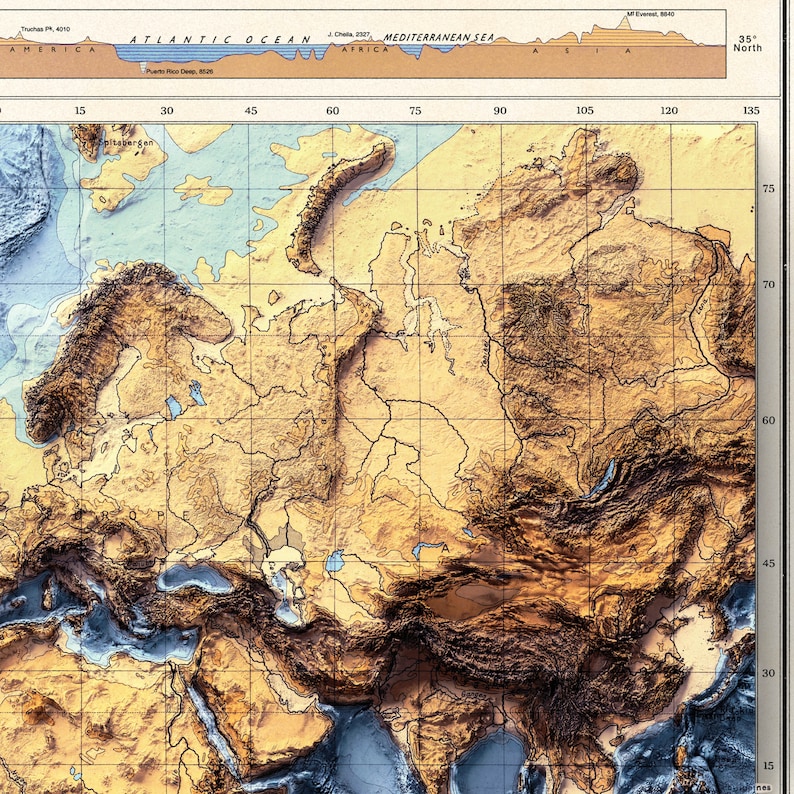 World Bathymetry - Shaded Relief Map - Detailed Topography - Vintage ...