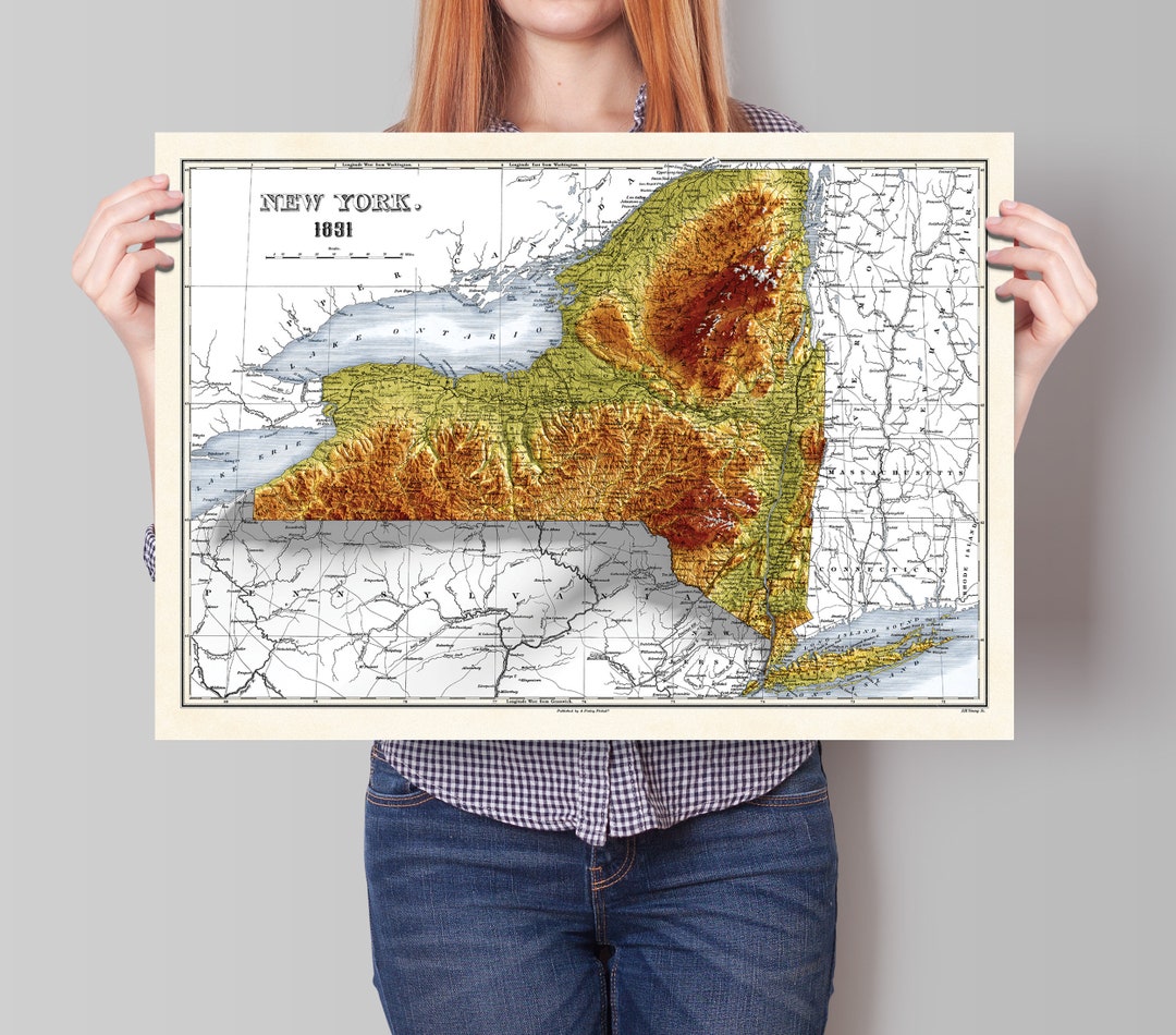 New York Map - 1831 Vintage Relief Map Print With 3D Illusion ...