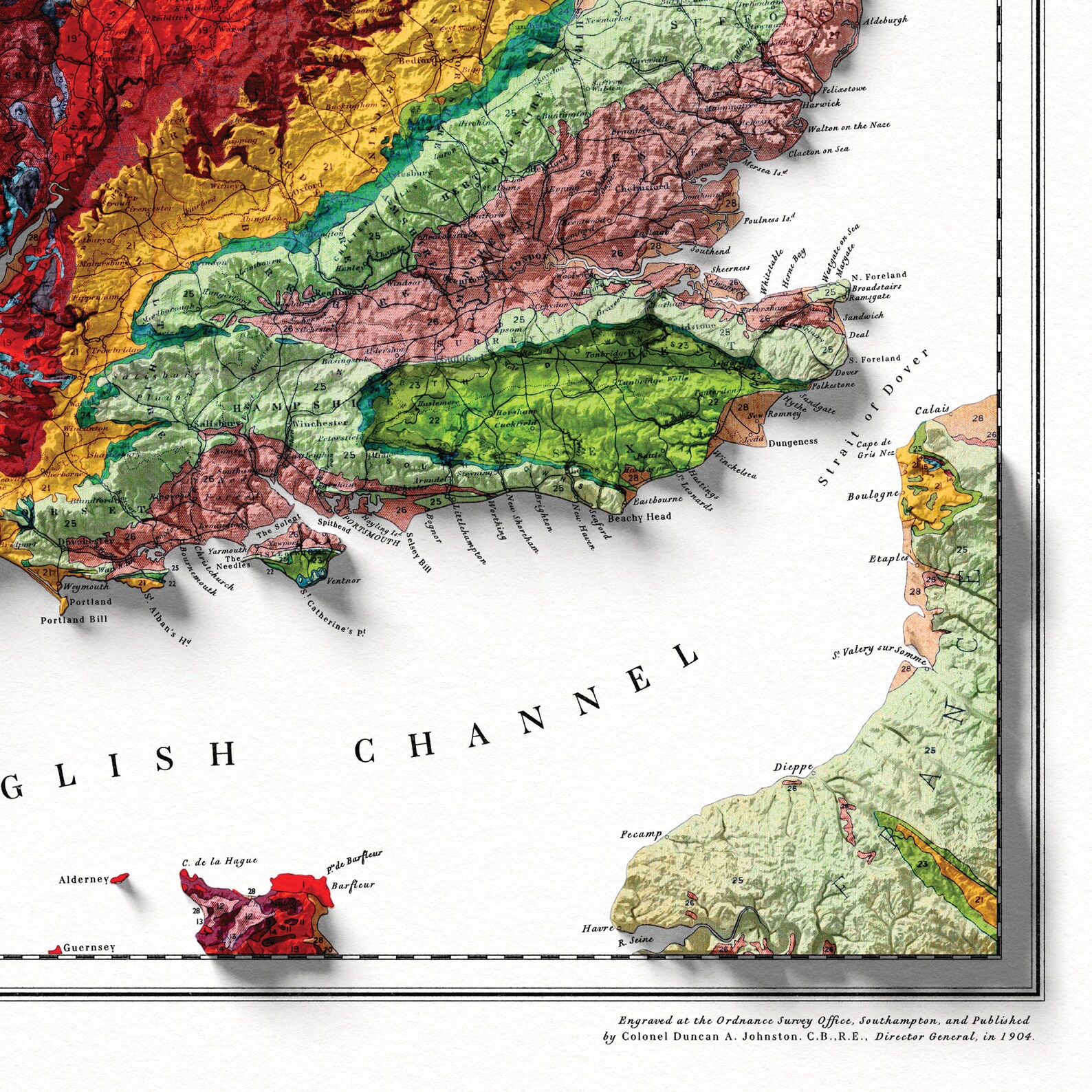British Islands Geology Elevation Map - 2D Relief Map Print With 3D ...