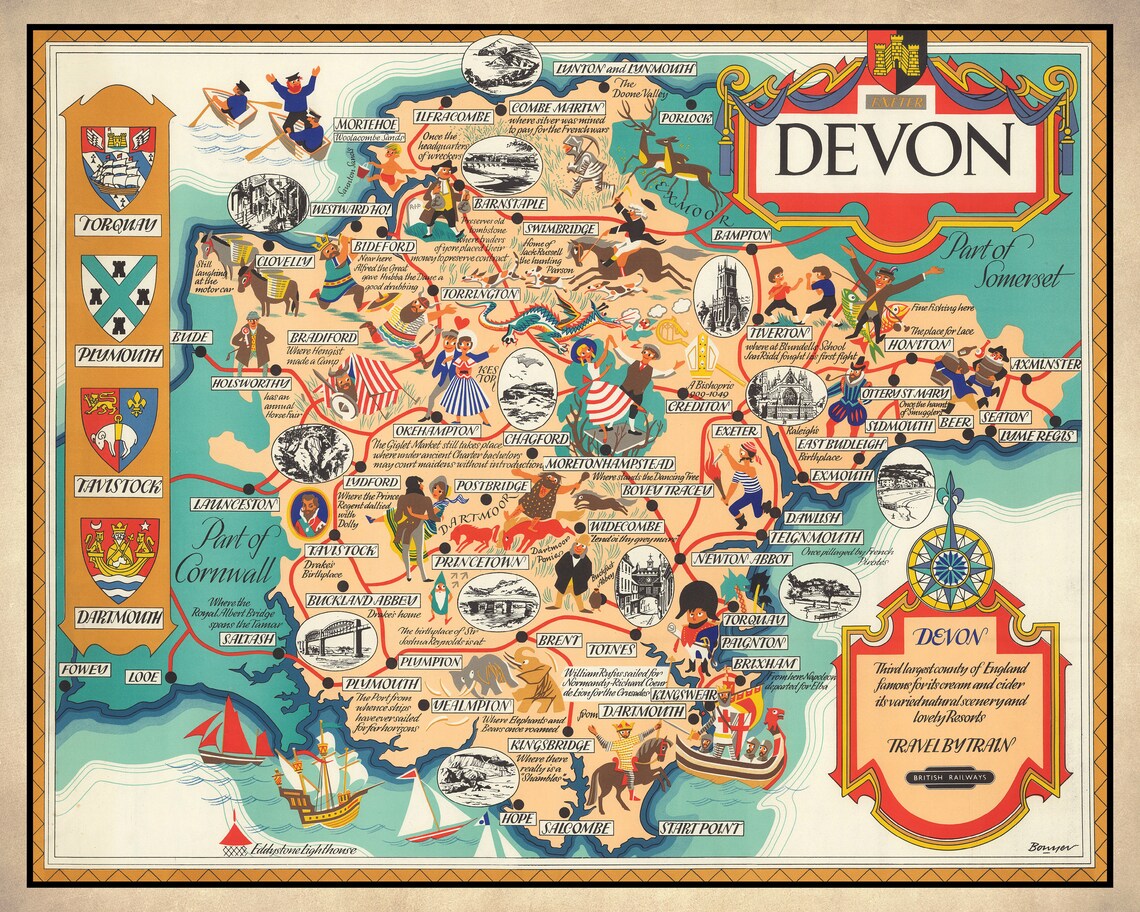 Devon Pictorial Map Vintage Antique 1950 Old Map Wall - Etsy UK