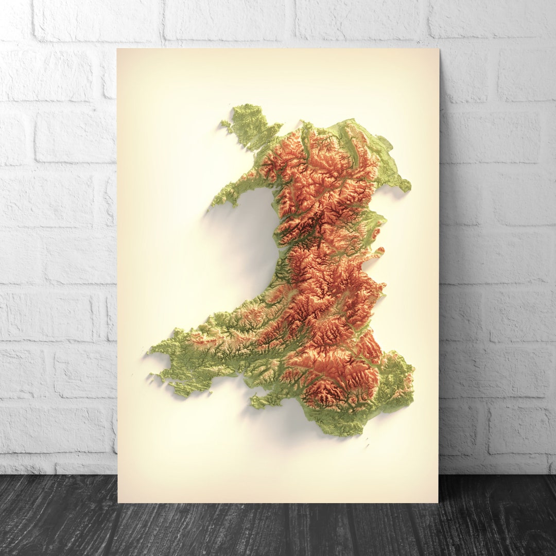 Wales Art Relief Map - 2D Print - Welsh Geology - 2D Shaded Relief Map ...