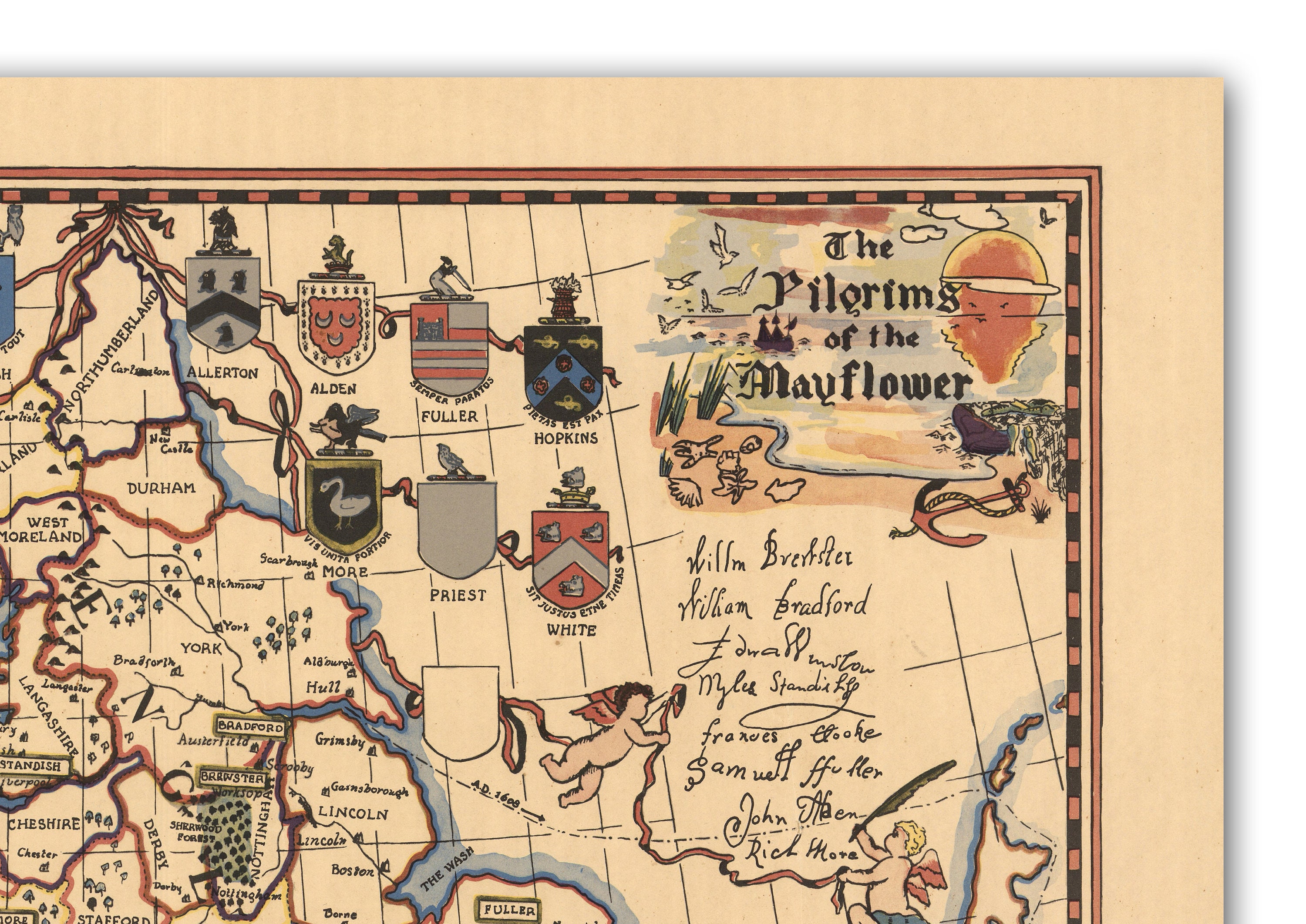 The Pilgrims of the Mayflower Old Map of England and Holland - Etsy UK