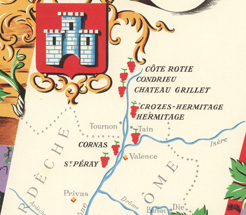 Cotes Du Rhone Vineyard Pictorial Map , the Vineyards of France, Vins ...