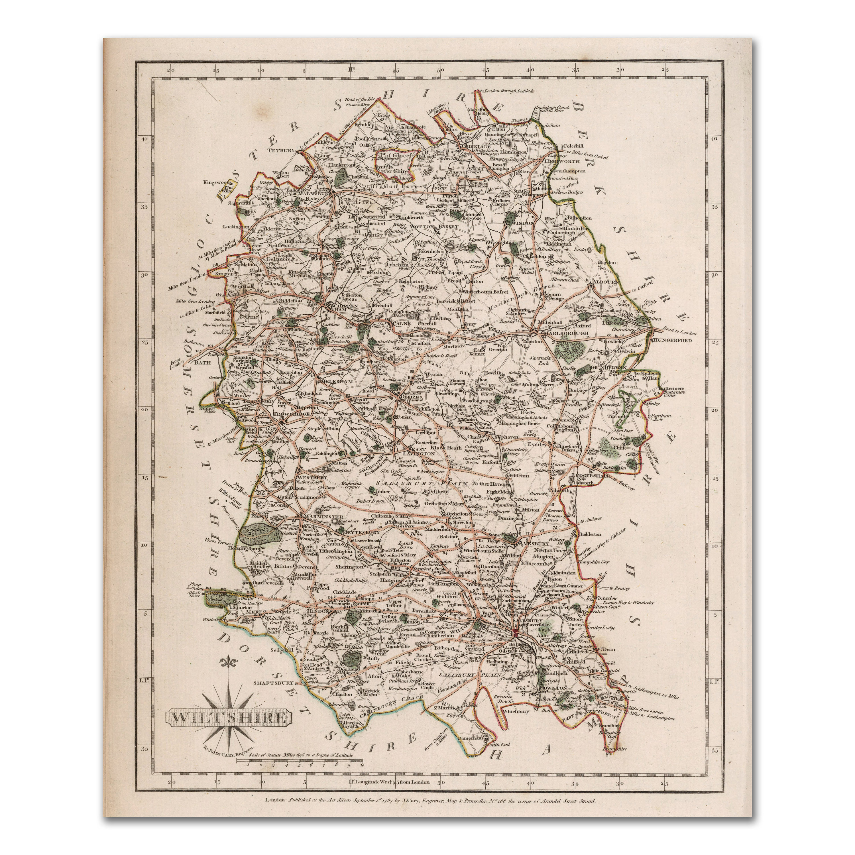 Old Wiltshire Map, 1787 Antique English County Map of Wiltshire, John ...