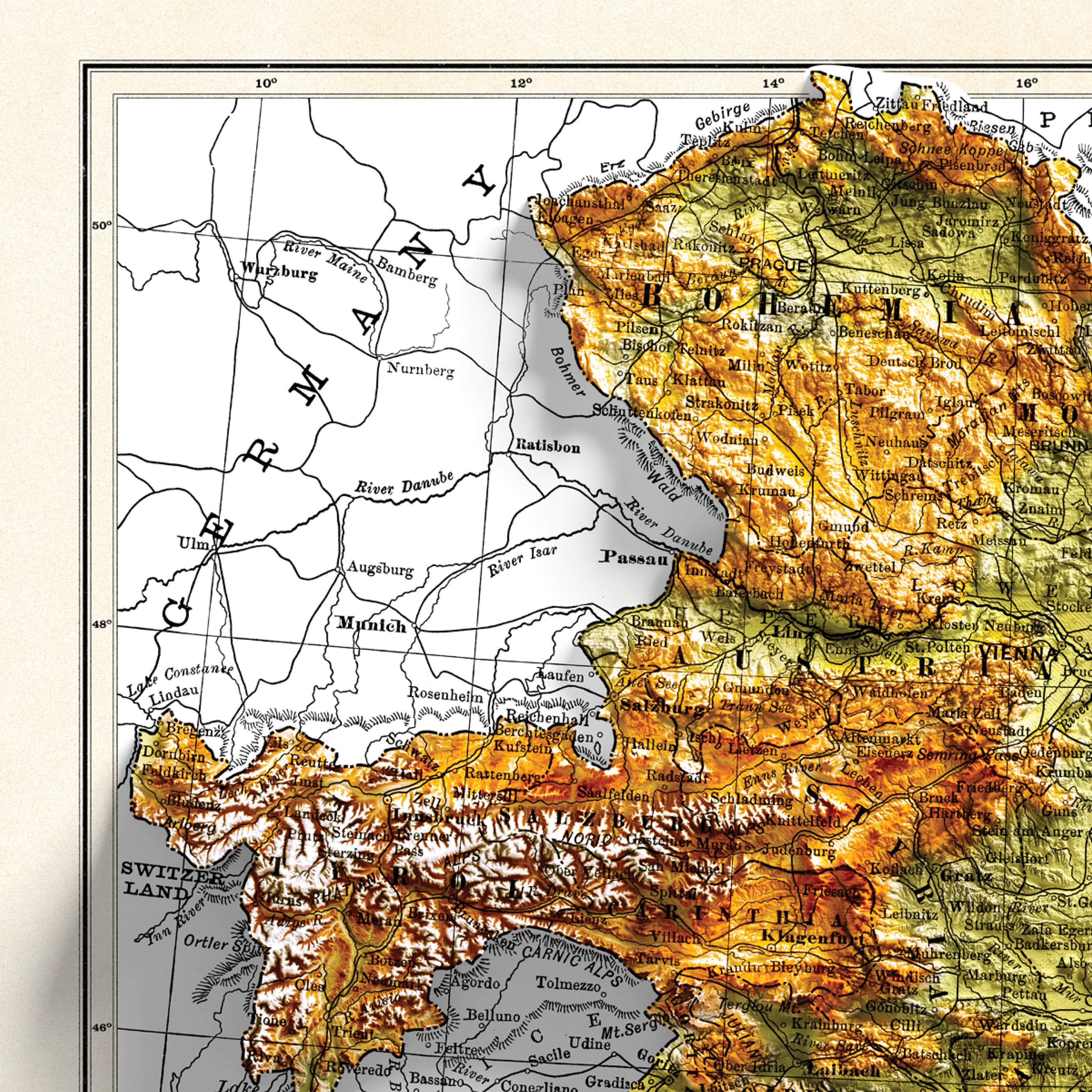 Austria Map - 2D Shaded Relief Map With 3D Effect - Bartholomew Print ...