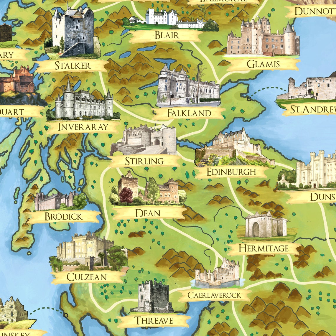 Scottish Castles - Illustrated Map - Scotland Print Poster - Dunnottar ...