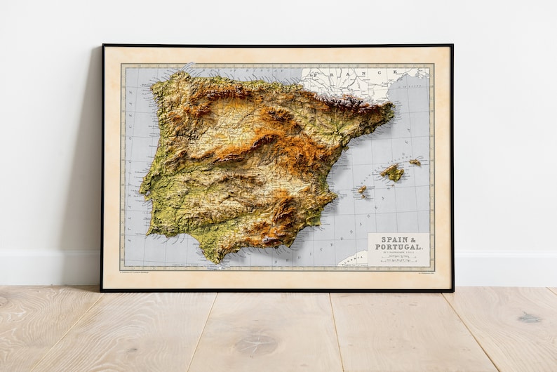 Spain and Portugal Map Geology Elevation Map 2D Giclée - Etsy UK