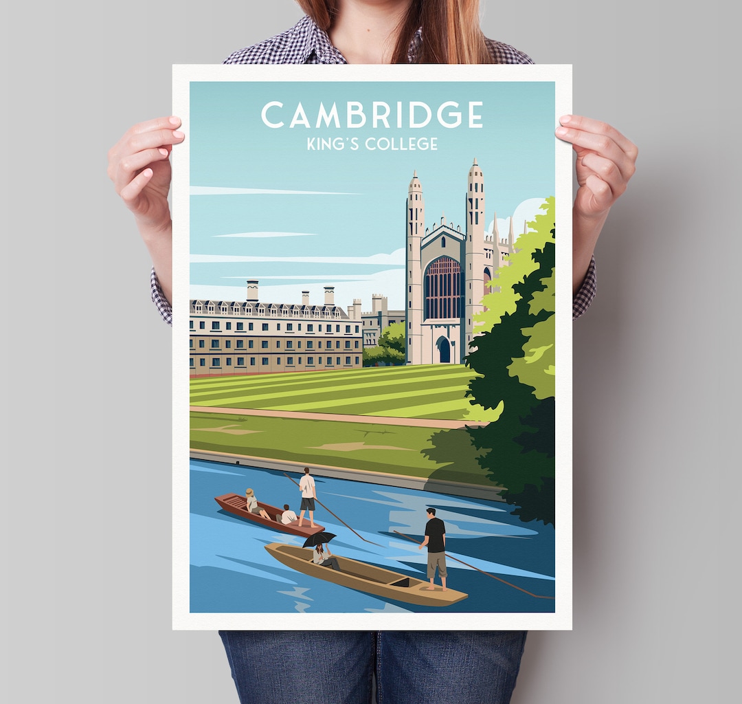 Cambridge Travel Poster Featuring King's College and Punting Boats ...