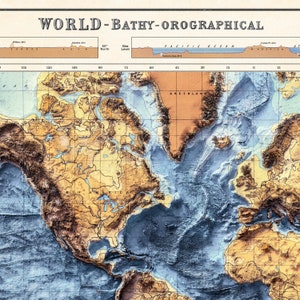 World Bathymetry - Shaded Relief Map - Detailed Topography - Vintage ...