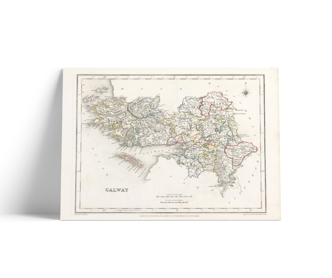 Galway County Map, Old Vintage Irish Print - Ballinahinch - Dunmore ...
