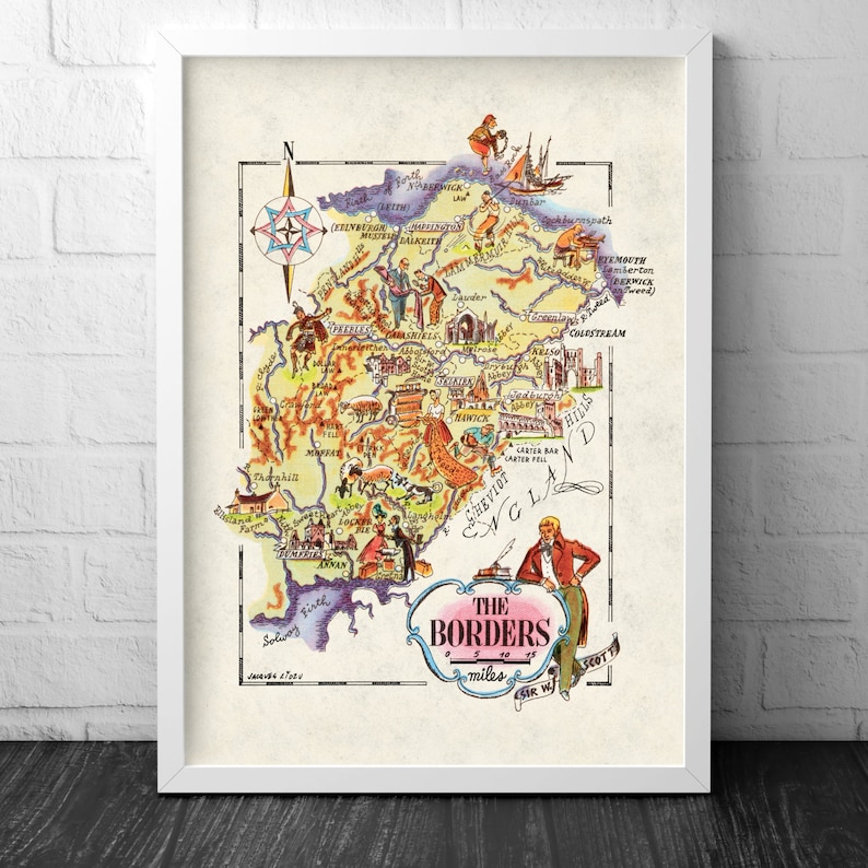 Pictorial Map of the Borders in Scotland - Haddington - Peebles ...